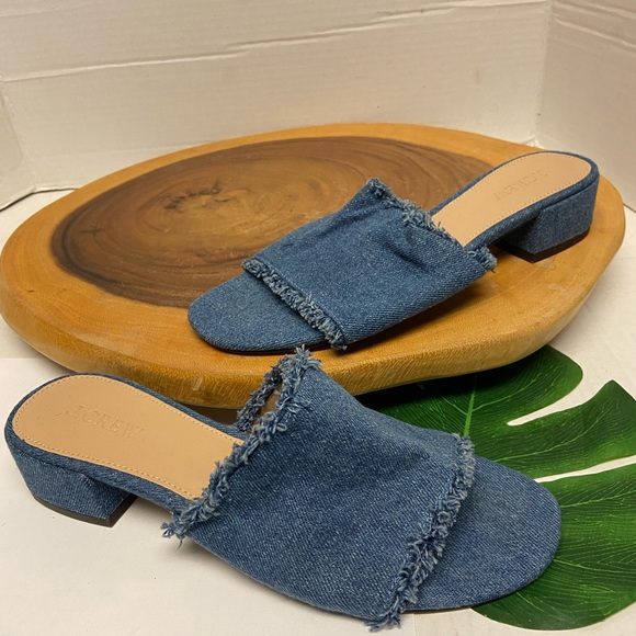 J. Crew | Shoes | J Crew Denim Raw Hem Block Heel Slides Sandal | Poshmark